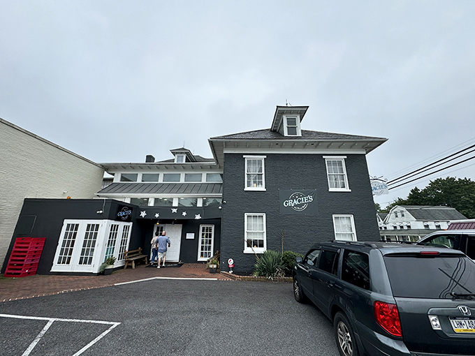 The charcoal-gray exterior of Gracie's stands like a beacon of breakfast hope in Leola's countryside, promising delicious secrets within its walls