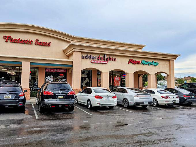 Udder Delights nestles between neighboring shops in this Gilbert strip mall—proof that extraordinary ice cream experiences often hide in ordinary places.