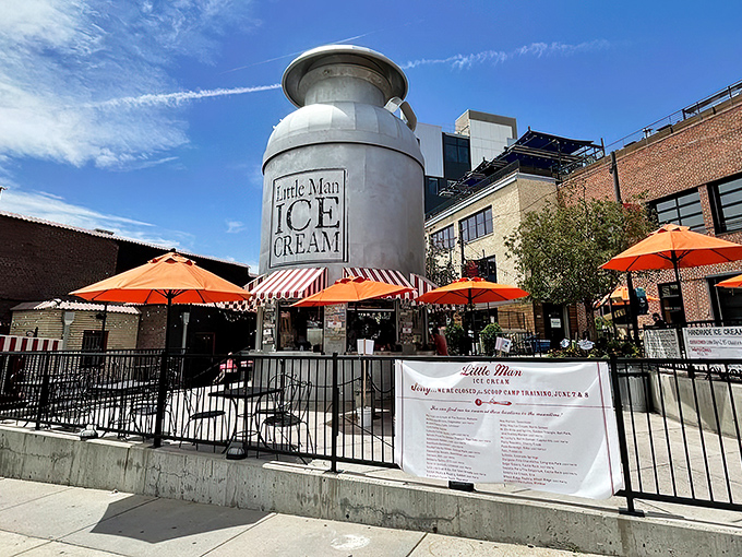 The iconic 28-foot milk can stands proudly against Colorado's blue sky, a beacon of sweetness in Denver's LoHi neighborhood. Ice cream architecture at its finest!