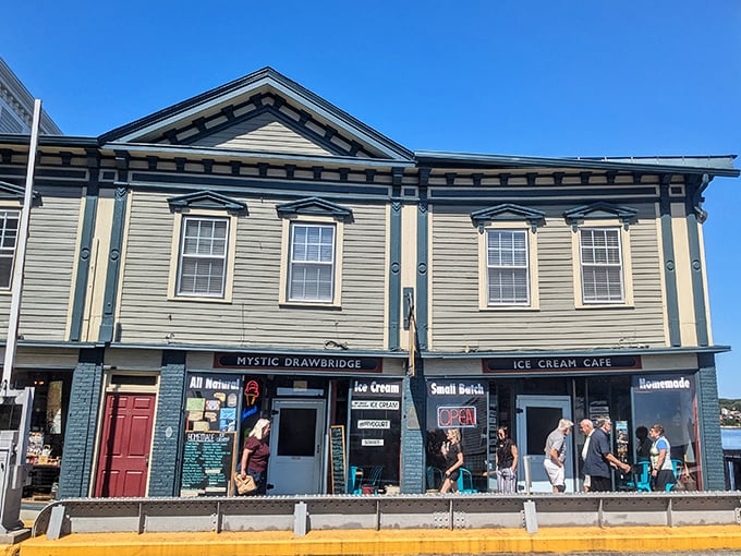 The historic charm of Mystic Drawbridge Ice Cream's exterior isn't just for show—it's the prelude to a symphony of flavors waiting inside.