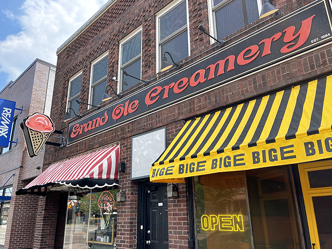 The iconic red and yellow awnings of Grand Ole Creamery stand as a beacon of hope for the ice cream deprived on Grand Avenue.