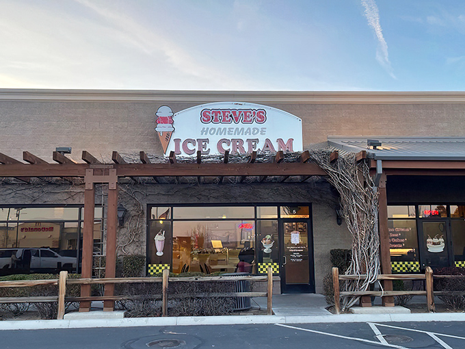 Steve's welcoming storefront beckons like an oasis in the Nevada heat, complete with that charming wooden pergola that practically whispers, "Cool treats ahead!"