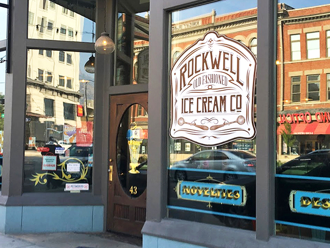 The storefront beckons like an ice cream oasis in downtown Provo, with mountains framing this temple of frozen delights