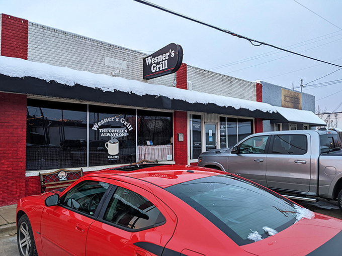 The red and white exterior of Wesner's Grill stands like a beacon of breakfast hope on Chestnut Street. No fancy frills, just honest food awaiting inside.