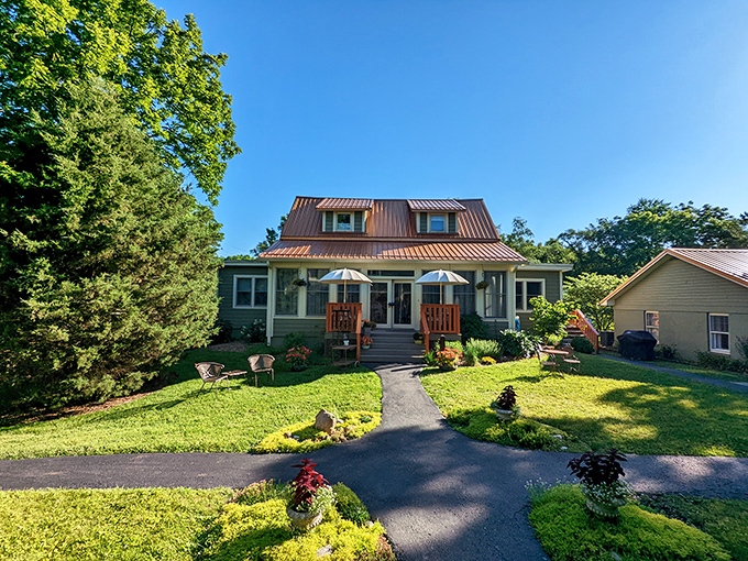 The sage-green farmhouse welcomes you with a porch that practically whispers, "Put down your phone and grab a rocking chair."