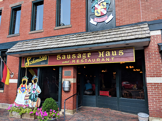 The brick facade of Schmidt's Sausage Haus stands proudly in German Village, like a delicious time portal to Old World Bavaria.