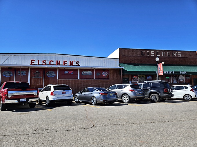 The unassuming brick exterior of Eischen's Bar in Okarche welcomes hungry pilgrims. Those motorcycles aren't parked outside by accident—riders know where the good stuff is.