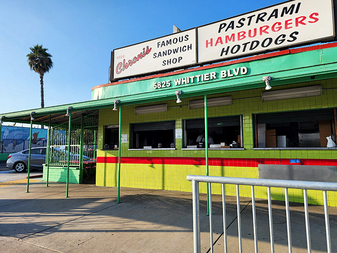 The iconic green exterior of Chronis Famous Sandwich Shop stands as a beacon of hope for hungry travelers on Whittier Boulevard. No fancy frills, just honest food promises.