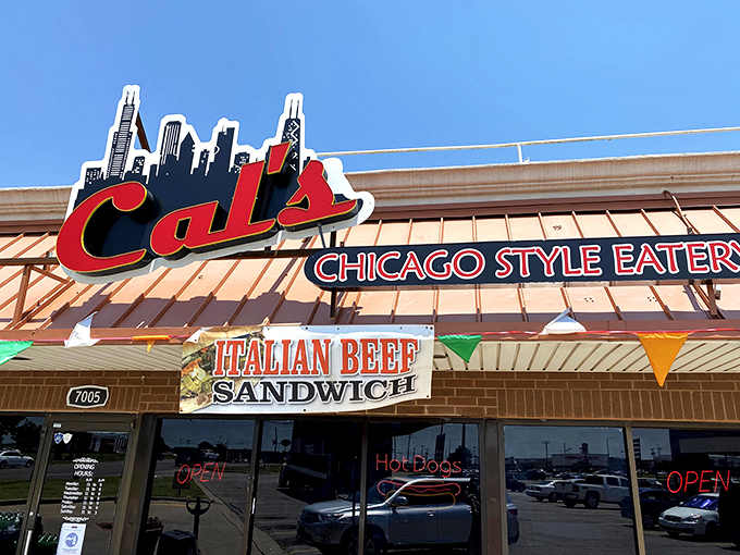 Cal's iconic storefront beckons like a lighthouse for hungry Oklahomans, its red sign promising authentic Chicago flavors in the heart of OKC.
