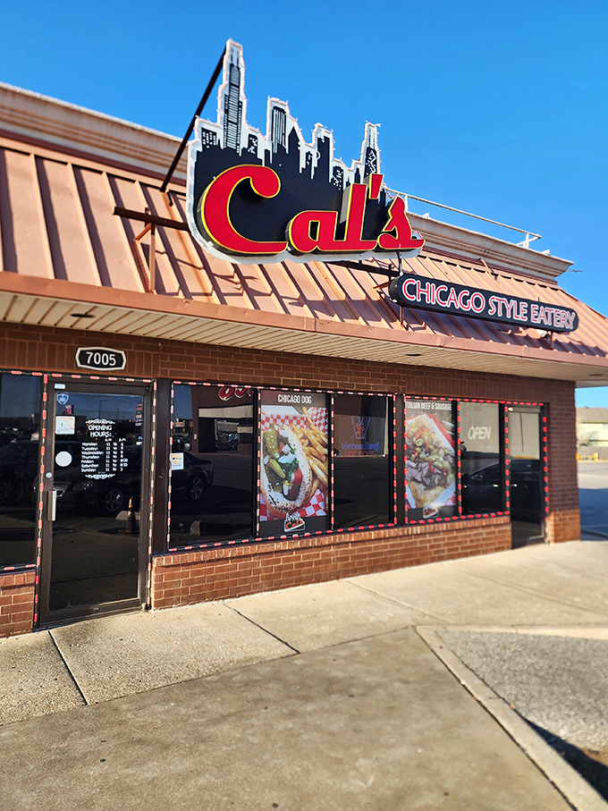 The bright red "Cal's" sign beckons like a lighthouse for the hungry, promising Chicago flavors in the heart of Oklahoma City.