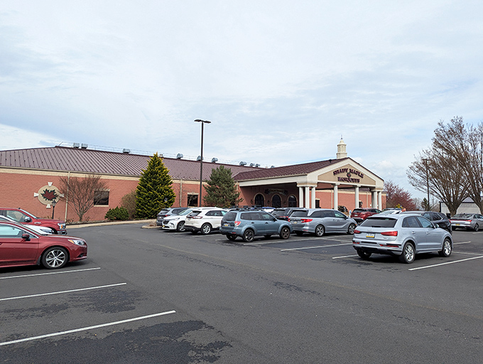The grand entrance to food paradise! Shady Maple's distinctive cupola and landscaping offer a hint of the Pennsylvania Dutch feast awaiting inside. 