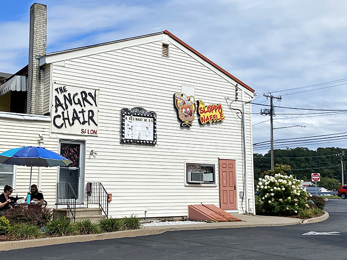 The unassuming exterior of The Sloppy Waffle shares space with The Angry Chair Salon&mdash;a pairing that somehow makes perfect sense in Connecticut's charming landscape.