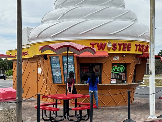 The mothership has landed! Twistee Treat's iconic cone-shaped building stands proudly against the Florida sky, beckoning ice cream lovers from miles around.