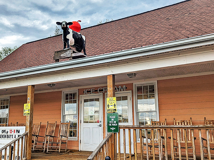 The iconic cow with a red cap stands guard atop this charming country store, promising dairy delights that are worth every mile of the journey.