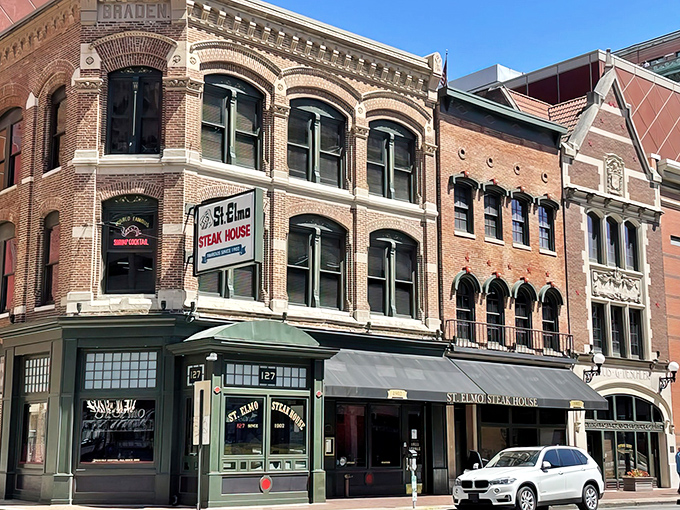 The historic brick fa&ccedil;ade of St. Elmo Steak House stands proudly on Illinois Street, a culinary landmark that's been tempting Indianapolis carnivores for generations.