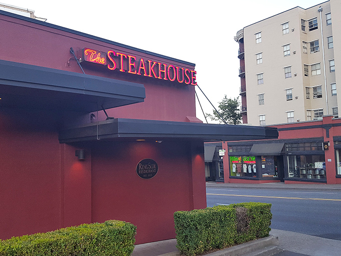 The iconic brick exterior and glowing neon sign of Ringside Steakhouse beckon hungry Portlanders like a meat-loving lighthouse on a foggy night.