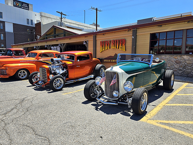 Classic hot rods line up outside Ruby River like a time capsule of American automotive glory. The perfect prelude to the meat-centric feast awaiting inside.