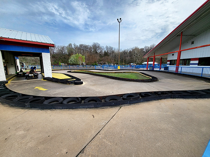 The winding track at Lokomotion beckons speed demons of all ages. Those red and blue barriers aren't just for show&mdash;they've caught many an overzealous driver with NASCAR dreams.