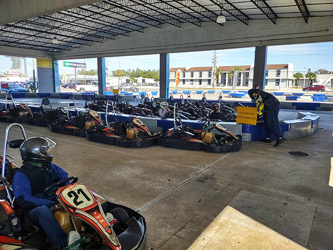 The thrill of the chase! Pro Karting Experience's outdoor track combines Florida sunshine with the perfect blend of straightaways and challenging turns.