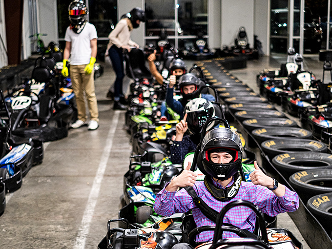 The starting grid at Full Throttle looks like NASCAR for the vertically challenged. Ready-to-race karts await their next speed demons.