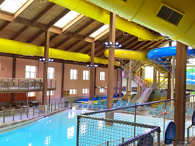 The indoor waterpark's vaulted wooden ceiling creates the perfect setting for aquatic joy &ndash; proof that "rain or shine" isn't just a weather forecast, it's a vacation guarantee.