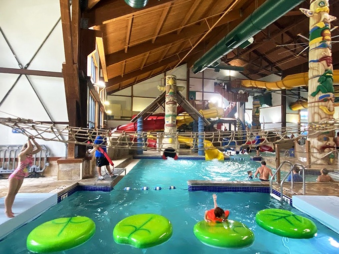 A water wonderland where winter doesn't exist. Yellow slides twist through the air like pasta in a giant's kitchen, promising aquatic thrills regardless of Ohio's weather forecast.