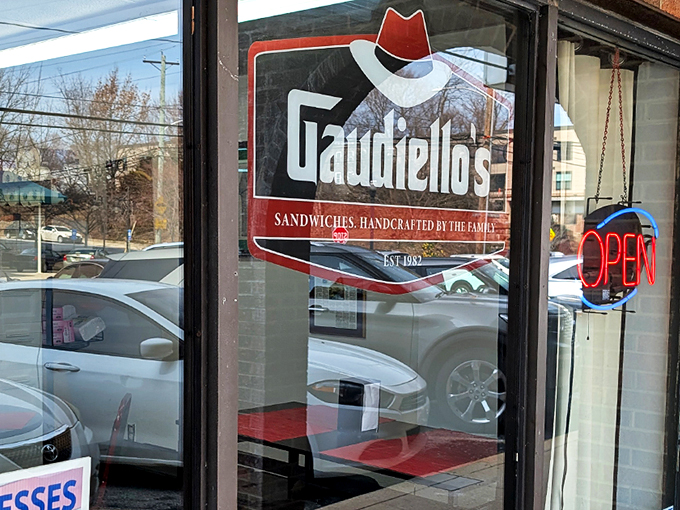 The gateway to sandwich paradise! Gaudiello's storefront promises "Sandwiches Handcrafted by the Family" &ndash; words that warm the heart and awaken the appetite.