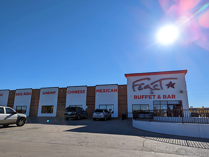 The Promised Land of buffets beckons from the roadside, with Feast's distinctive exterior proudly announcing its multi-cultural culinary mission to hungry Oklahomans.