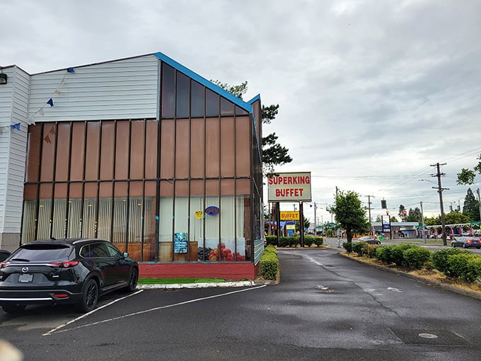 The unassuming exterior of Super King Buffet stands like a temple of abundance, its packed parking lot the first clue you've found Portland's buffet paradise.