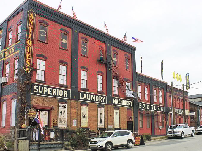 The imposing brick façade of Bootleg Antiques stands proudly on Columbia's main street, its vintage signage promising treasures within.