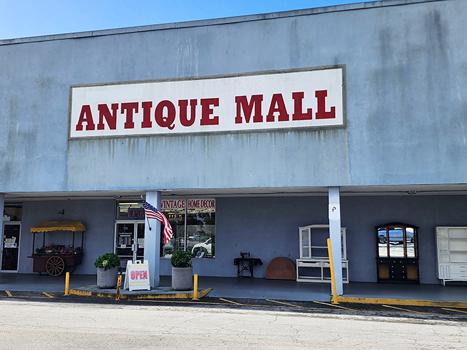 The unassuming exterior hides a universe of treasures within, like finding a portal to the past disguised as a strip mall storefront.