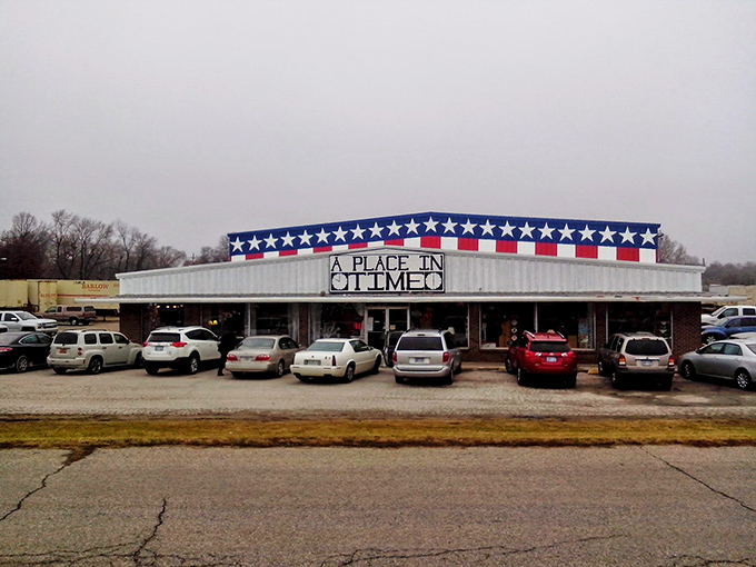 The stars and stripes bunting isn't just patriotic flair—it's a beacon calling to treasure hunters. This unassuming exterior houses universes of nostalgia waiting to be discovered.