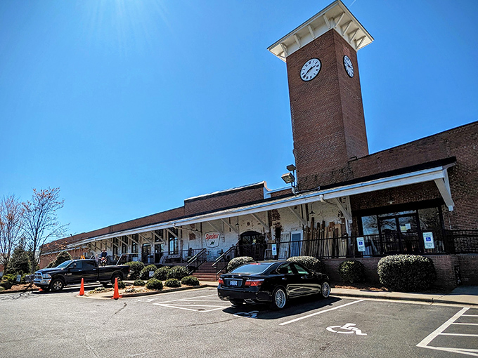 The iconic clock tower of Gibson Mill stands sentinel over this treasure hunter's paradise, beckoning visitors with promises of nostalgic discoveries inside.