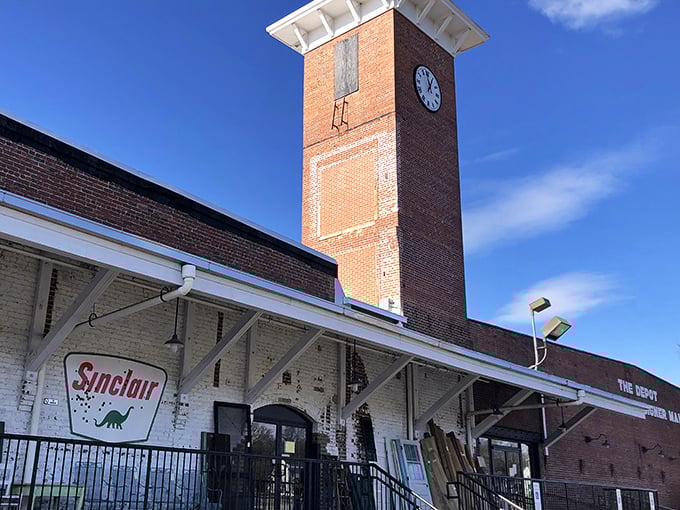 The iconic clock tower of Gibson Mill stands sentinel over this treasure hunter's paradise, beckoning visitors with promises of nostalgic discoveries inside.