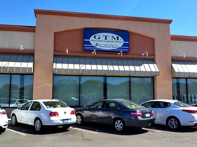 The unassuming exterior of GTM Stores in Santee hides a treasure trove of bargains within, like a discount speakeasy that everyone's invited to.