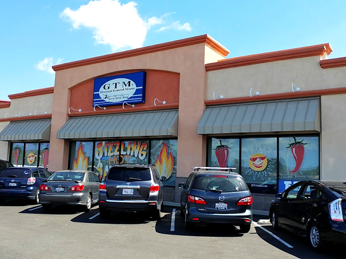 The unassuming exterior of GTM Stores in Santee hides a treasure trove of bargains within, like a discount speakeasy that everyone's invited to.