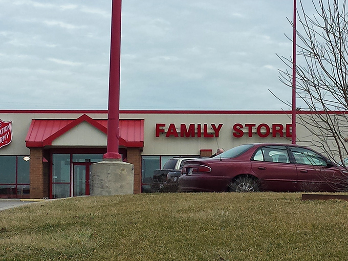 The iconic red signage of this Salvation Army Family Store beckons bargain hunters like a retail lighthouse guiding ships to treasure-filled shores.