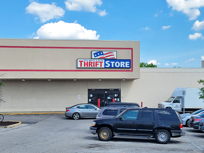 The unassuming exterior of Red White & Blue Thrift Store&mdash;like finding a treasure chest disguised as an ordinary box. Adventure awaits behind those doors!