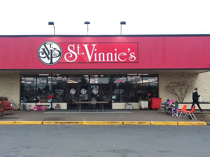 The iconic red St. Vinnie's storefront beckons like a siren call to treasure hunters. Even the lawn mowers outside are waiting for their second chance at greatness. 