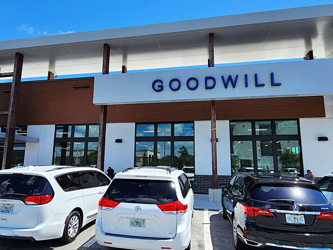 The sleek, modern exterior of Lake Nona's Goodwill breaks every thrift store stereotype. This isn't your grandmother's secondhand shop.