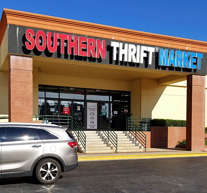 The bright yellow exterior with bold red-white-blue signage promises treasure hunting adventures inside&mdash;like a theme park for the bargain-obsessed.
