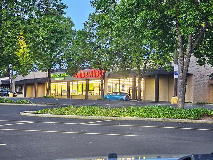 The iconic red Value Village sign beckons like a lighthouse for bargain hunters navigating the sea of retail sameness.