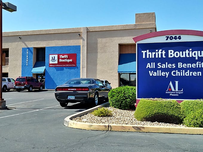 The bright blue exterior stands out like a sapphire in the desert, promising air-conditioned treasure hunting within. No mirage here, folks!