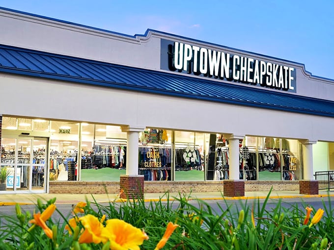 The storefront glows like a beacon for bargain hunters, with those cheerful daylilies practically doing a "come hither" dance at passersby. P