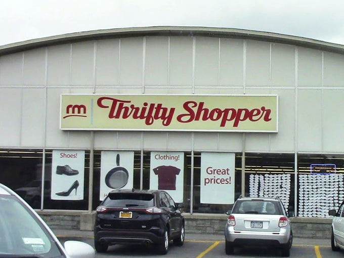 The curved roof of Thrifty Shopper stands like a cathedral of secondhand treasures, promising retail adventures that won't break the bank.