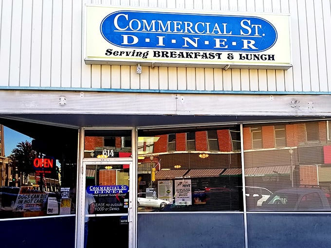 The blue sign beckons like a lighthouse for the breakfast-starved—no fancy frills, just the promise of honest morning sustenance.