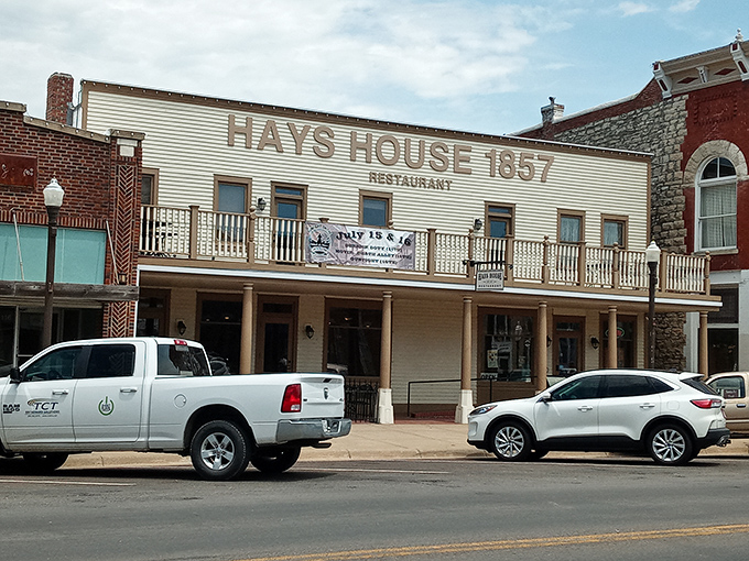 The grand old lady of Kansas dining stands proudly on Council Grove's main street, her balcony beckoning travelers just as it did when wagon trains passed through.