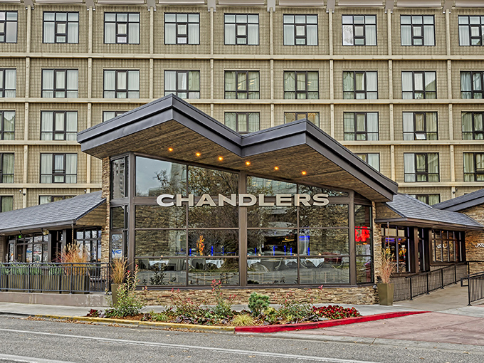 Chandlers' striking modern exterior stands like a beacon of culinary promise against Boise's skyline. The angular entrance practically whispers, "Important food decisions happen here."