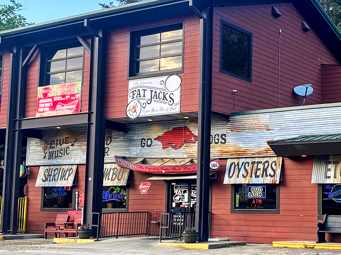 The rustic red exterior of Fat Jack's beckons like a siren song to seafood lovers, promising treasures within that would make Neptune himself jealous.