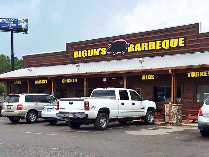 The rustic wooden exterior with bold yellow signage announces its purpose without pretense &ndash; this is barbecue country, and Bigun's means business.
